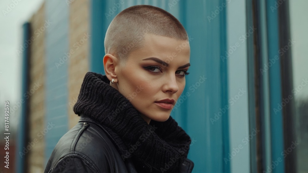 Fashionable white caucasian female with buzz cut hairstyle studio ...