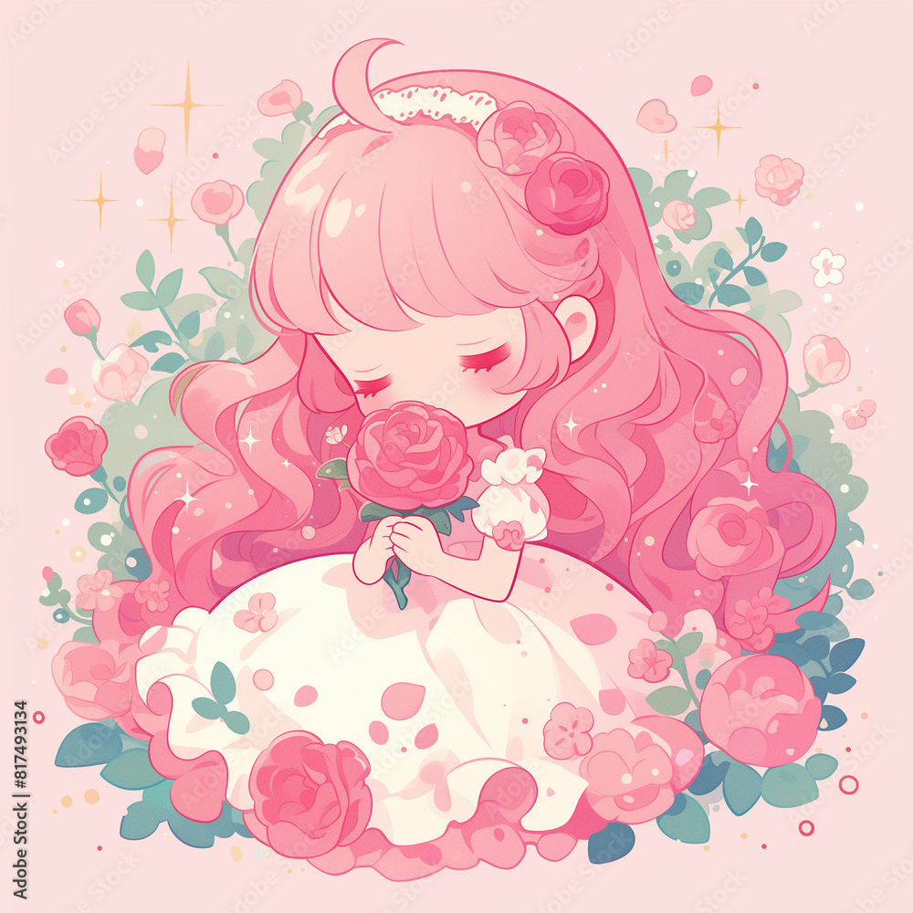kawaii illustration of a young girl holding a red rose, chibi ...