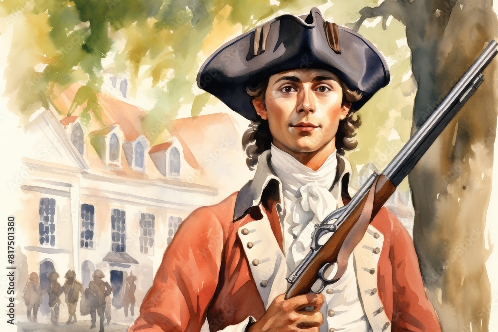 Expressive watercolor scene of a revolutionary reenactment, featuring a ...