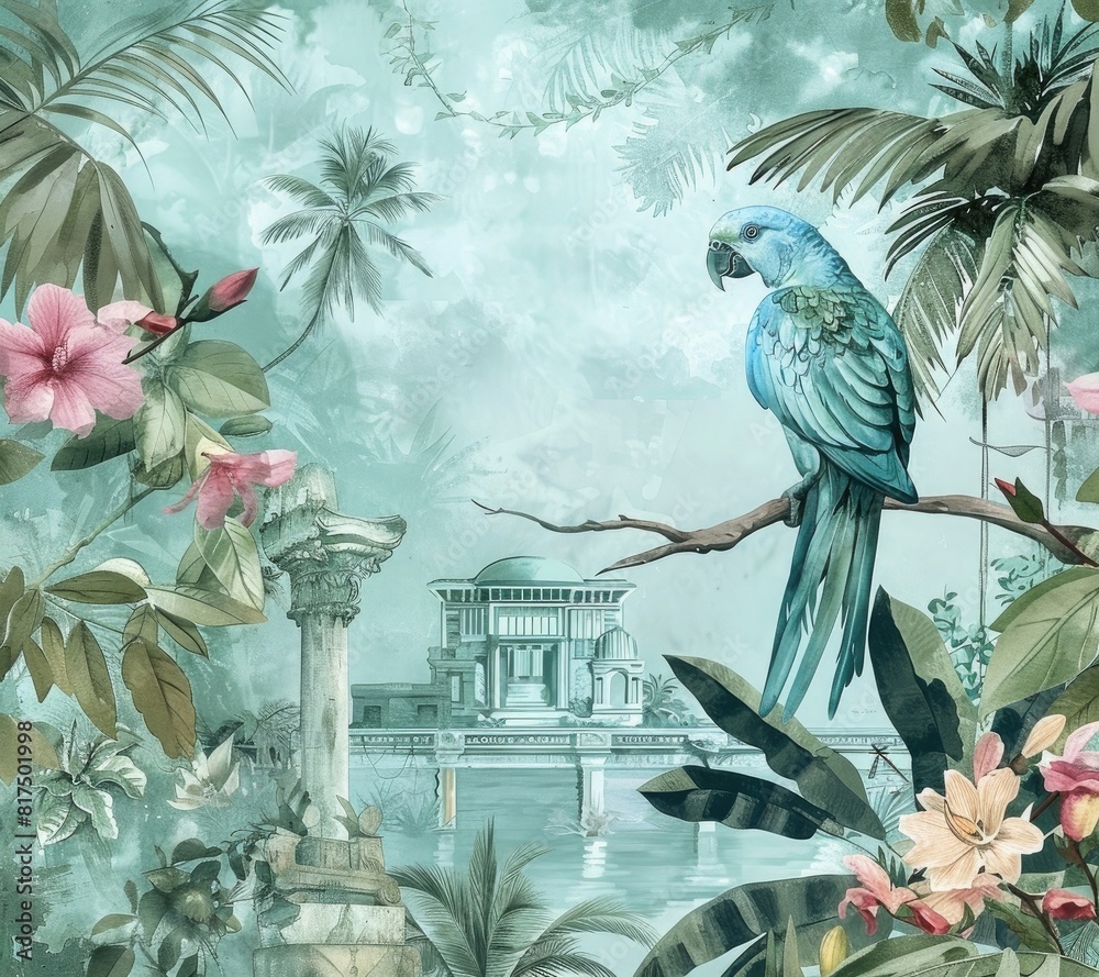 watercolor French chinoiserie-inspired parrot, blue bird in the style ...