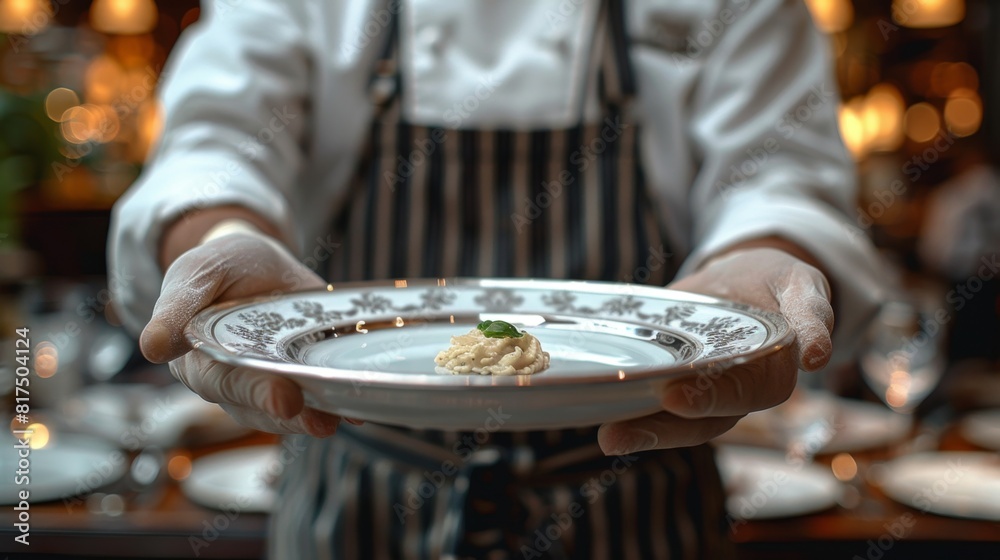 Waiter tray, butler hand service holding plate isolated white silver ...