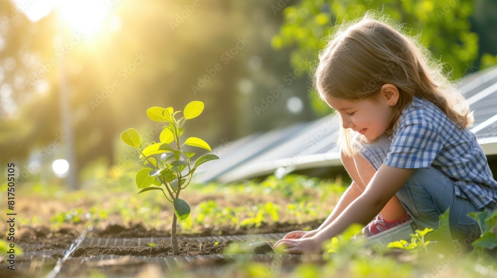 Happy children planting a tree surrounded with solar cell and sitting ...