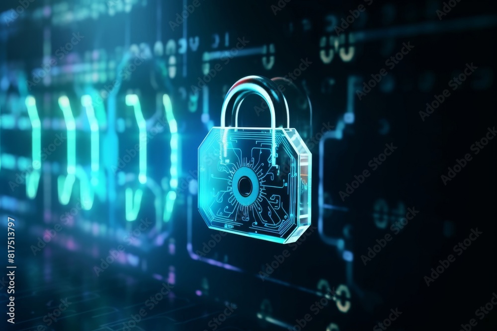 digital lock icon hologram on future tech background. security and ...