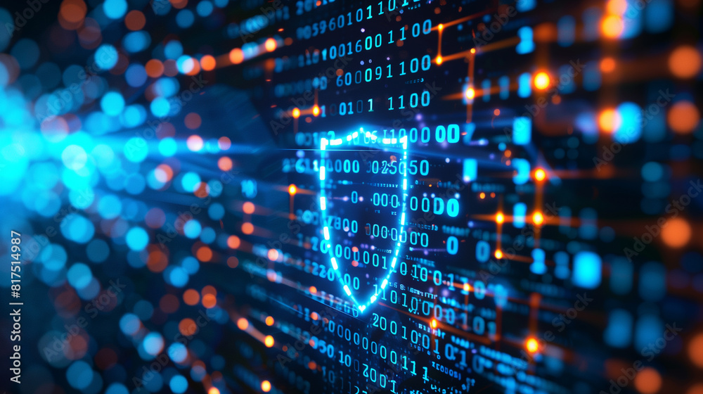 Digital shield protecting binary code, symbolizing cybersecurity, data protection, and secure ...