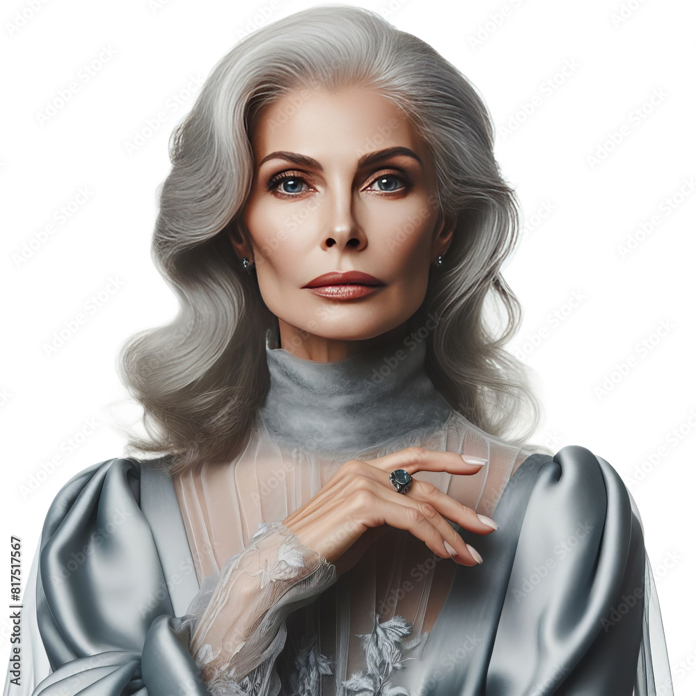 a regal looking lady with silver grey hair and piercing blue eyes ...