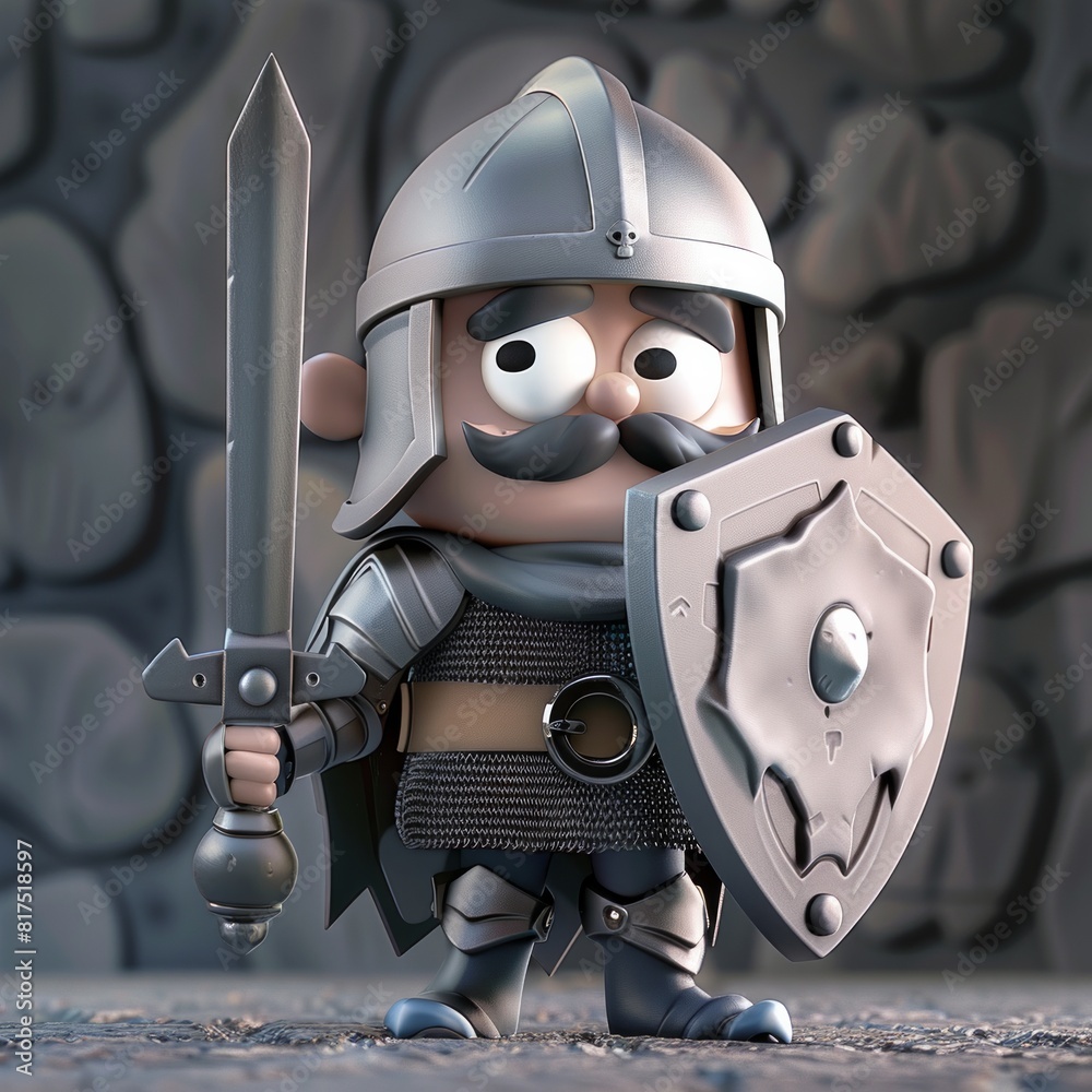 Generate a 3D portrait of a cartoon knight in shining armor with a ...