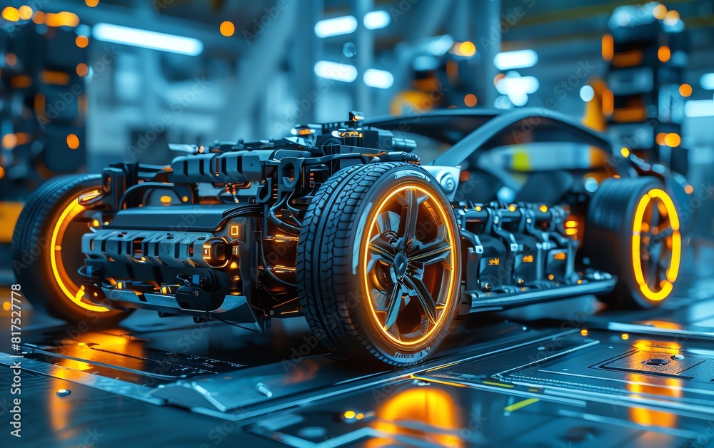 Electric vehicle chassis highlighting advanced battery cells close up ...