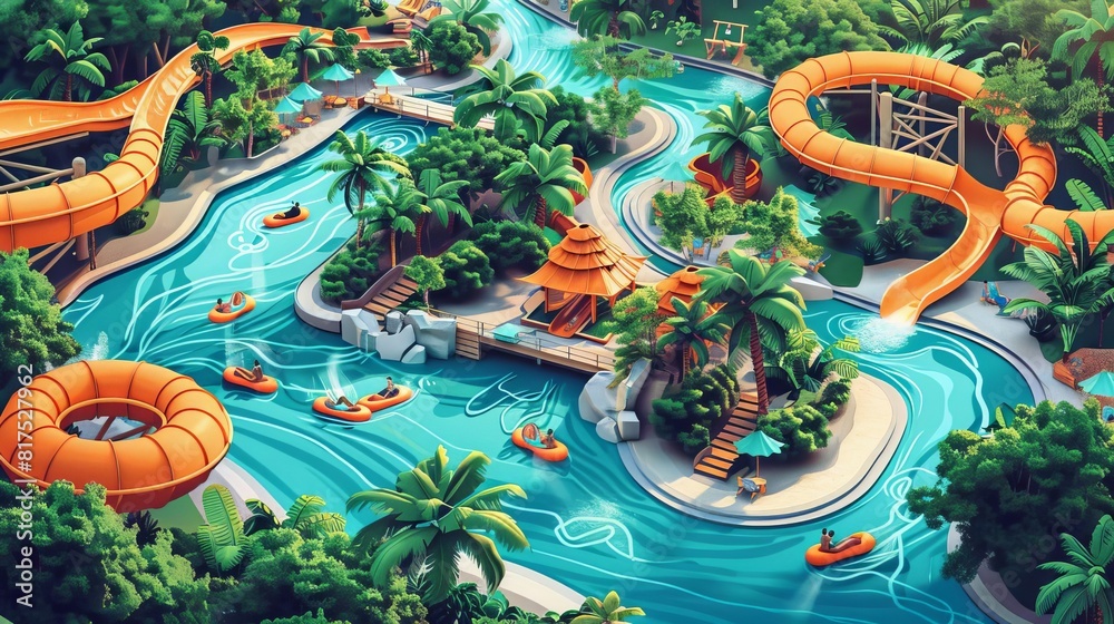 Illustrate the rush of a water park from above with dynamic water ...