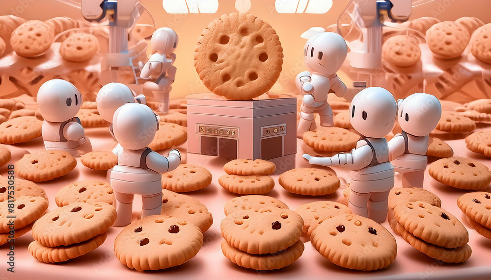 an illustration of a whimsical biscuit factory where cookies and ...