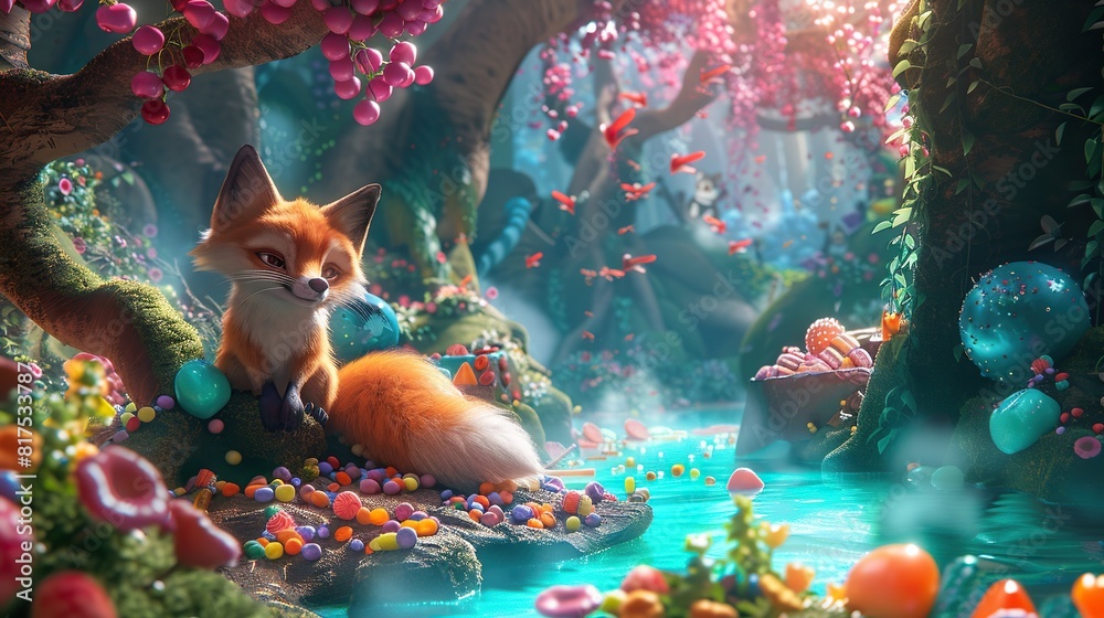 A red fox in a forest setting, depicted in a cute and funny cartoon ...