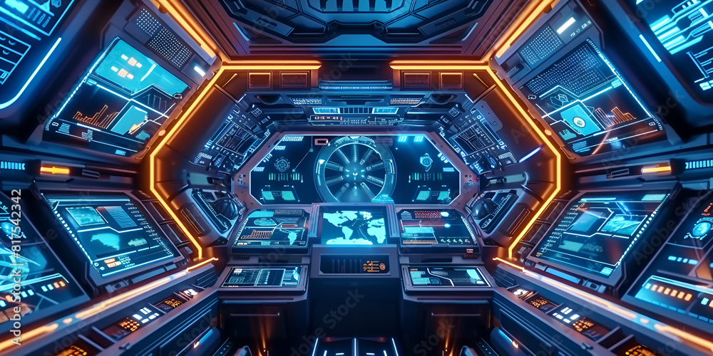 Tech spaceship interior with touch screen background, A Futuristic ...