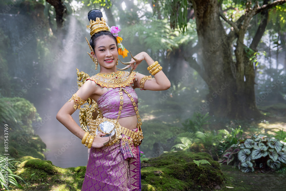 Lady in Thai literature. Beautiful girl in a Kinnari or Kinnaree dress ...