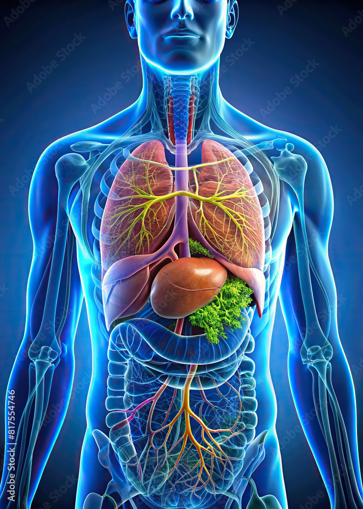 Close-up of human liver lobes, highlighting the bile ducts, hepatic ...