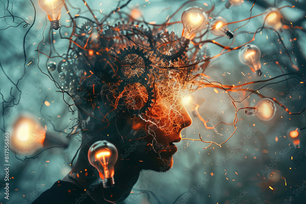 Abstract image of an overloaded mind, with gears, light bulbs, and ...