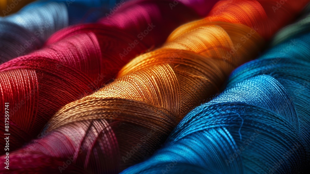 Artistic composition of tailor threads, showcasing a spectrum of colors ...