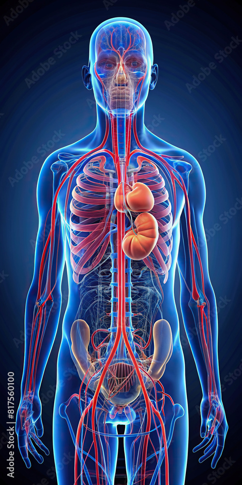 High-resolution shot of human kidneys displaying nephrons and renal ...