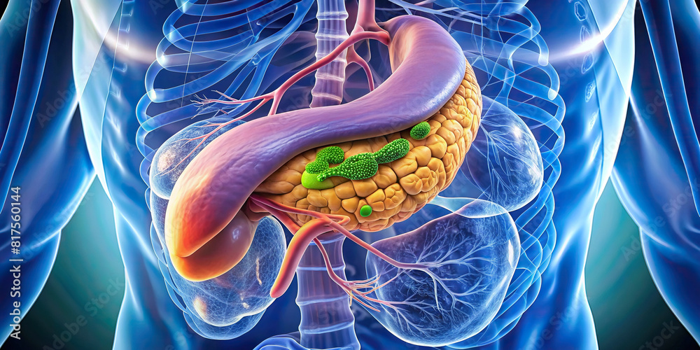 Extreme close-up of human pancreas with islet cells and pancreatic duct ...