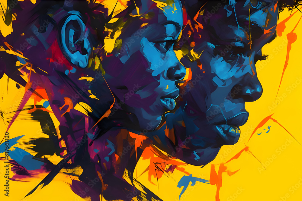 Vibrant painting of two faces on electric blue background, Abstract ...