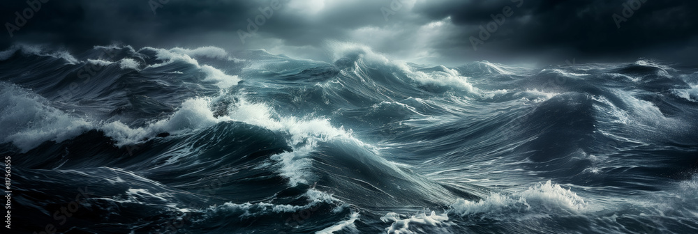 Stormy ocean with towering waves and dark clouds, capturing the raw ...