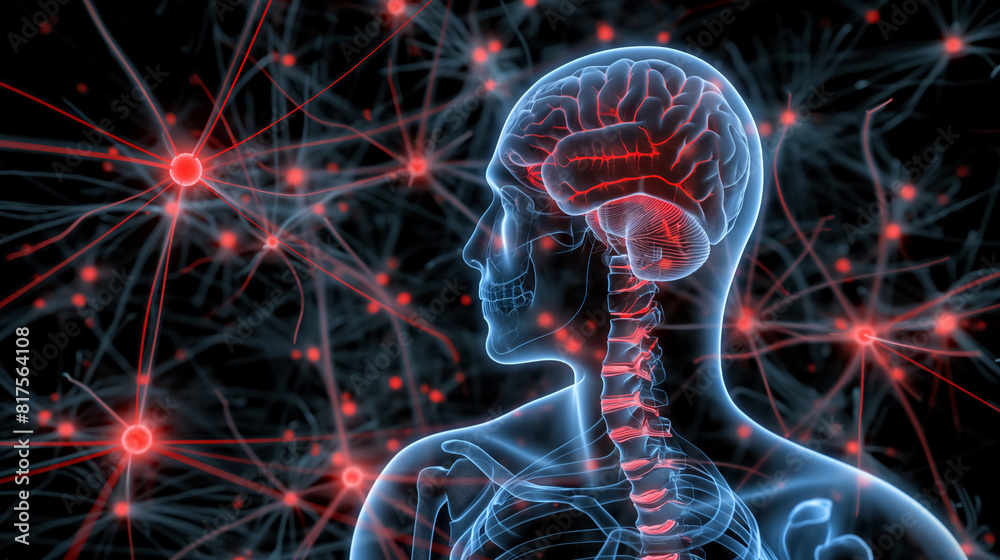 Human brain and nervous system with red neural connections on a black ...