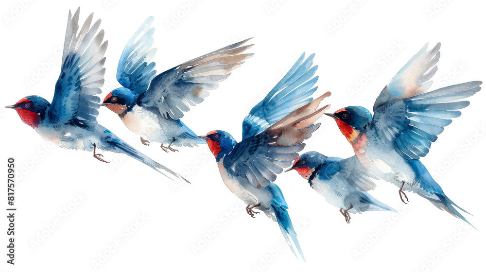 An isolated flying swallow swallows a vole in flight. Songbird plumes ...