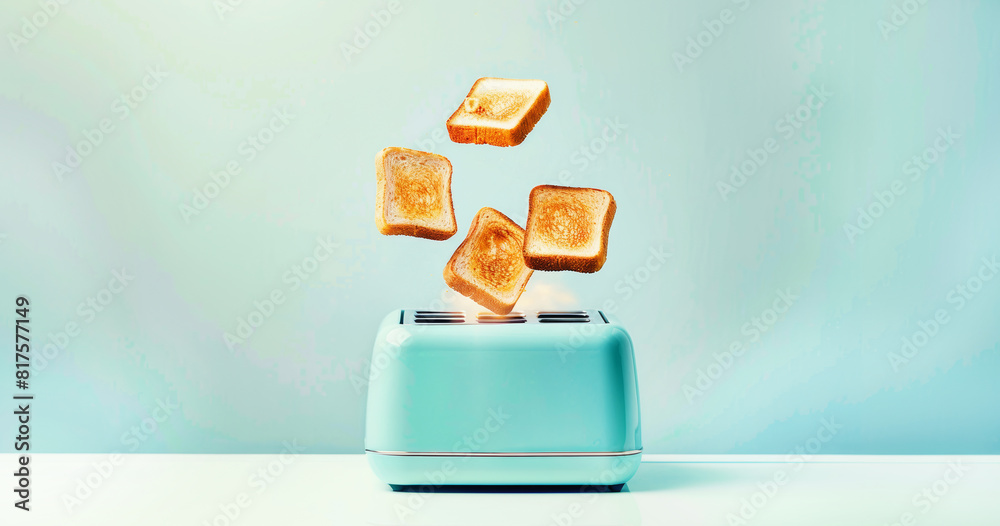 Crispy toasts jumping out of a toaster on plate on blue background ...