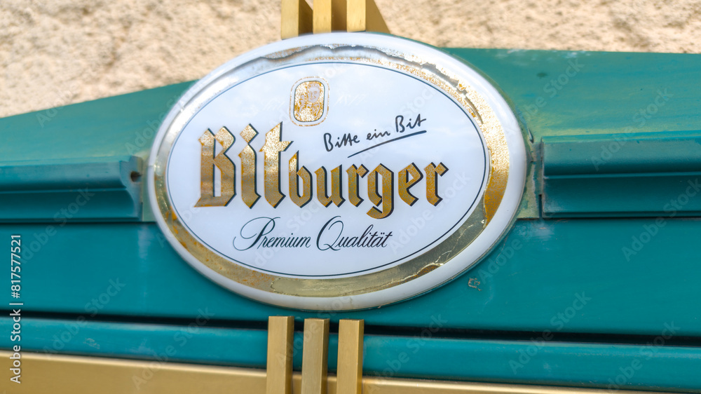 Bitburger logo sign and brand text of beer on pub wall bar Stock Photo ...
