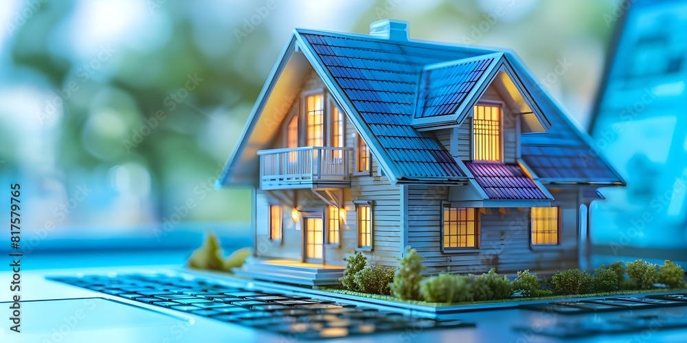 3D model house on laptop keyboard represents detailed real estate ...