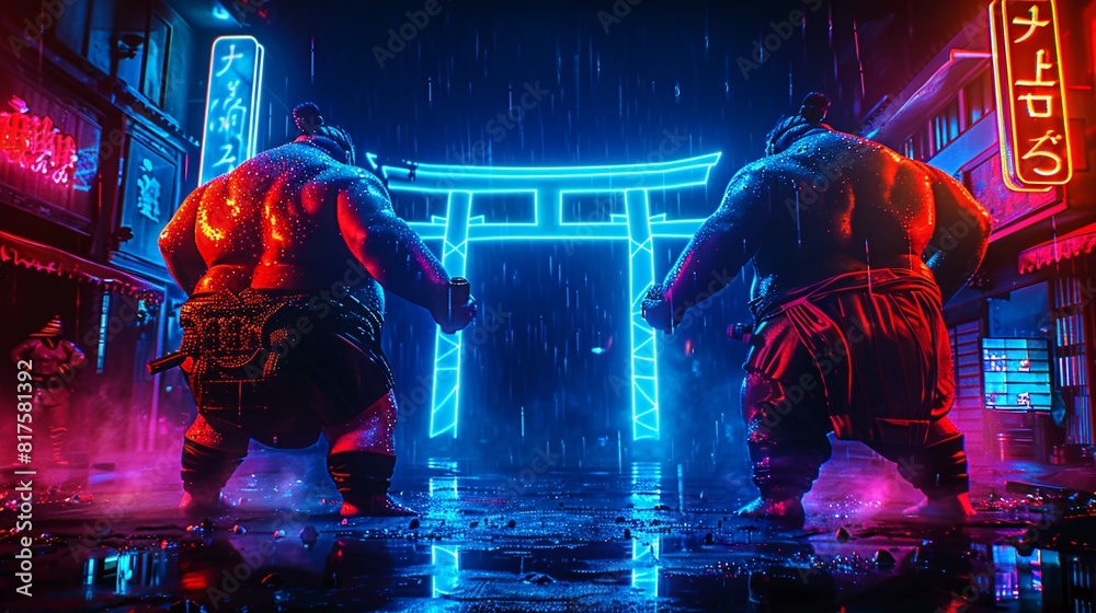 Neon Sumo Showdown Two sumo wrestlers in a detailed, artistic depiction ...