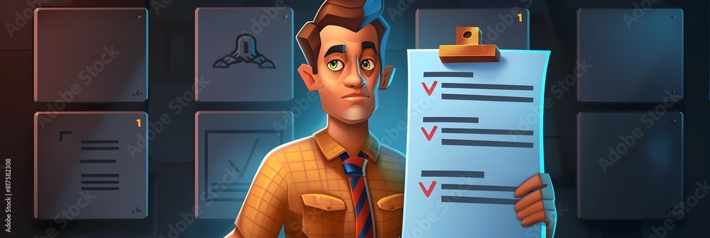 Cartoon Man in Office Suit Holding Clipboard and Checklist Overseeing ...