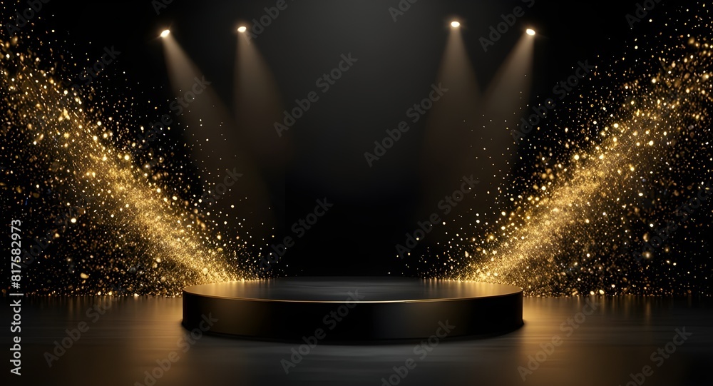 Background black podium stage gold award glitter light 3d platform ...