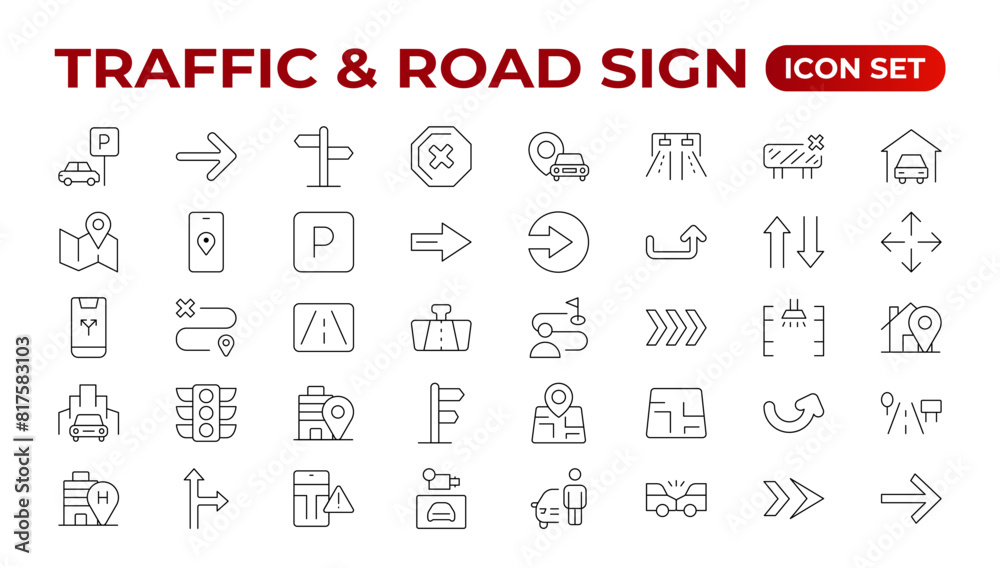Vetor de Road and traffic line icons collection. Street, transport ...
