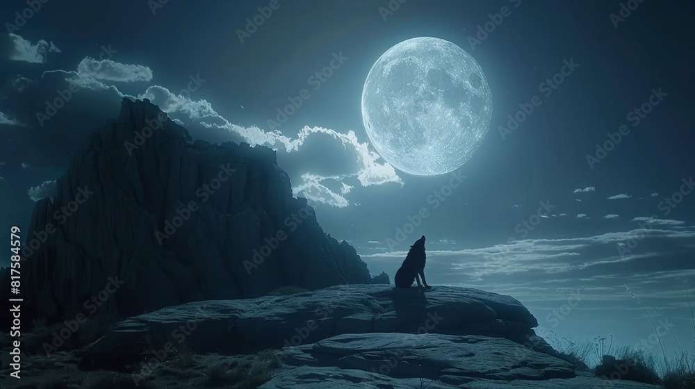 Powerful image of a wolf howling under a bright full moon, rock ...