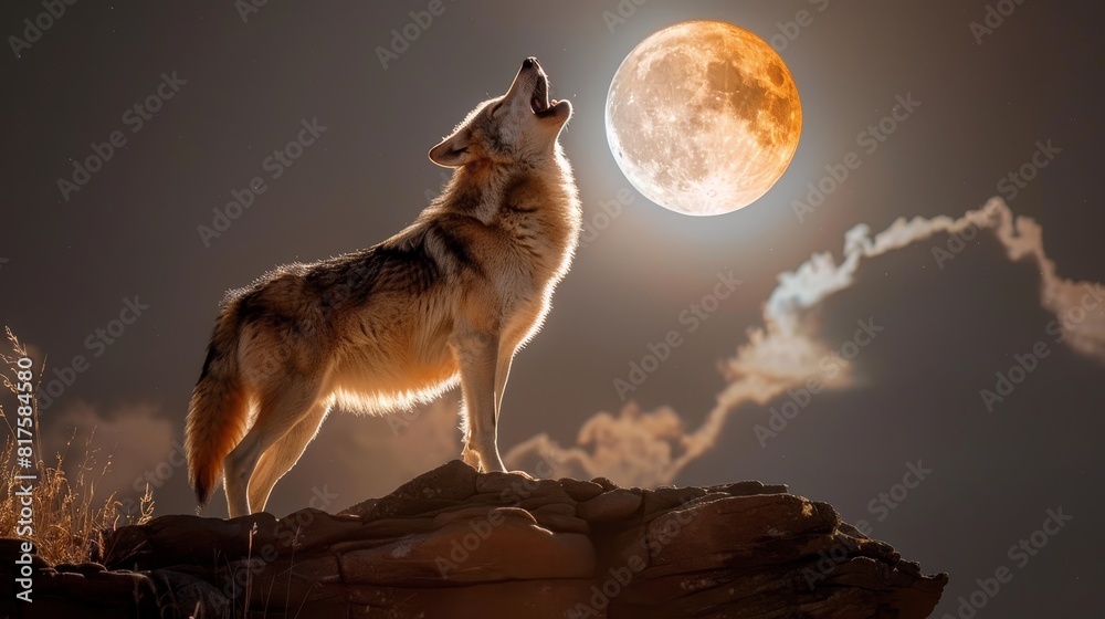 Powerful image of a wolf howling under a bright full moon, rock ...