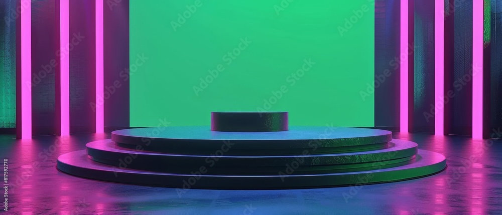 Minimalist futuristic podium on a stage with a green screen background ...