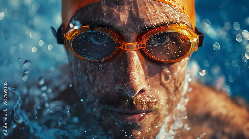 An athletic Professional male swimmer wearing safety glasses jumps into ...