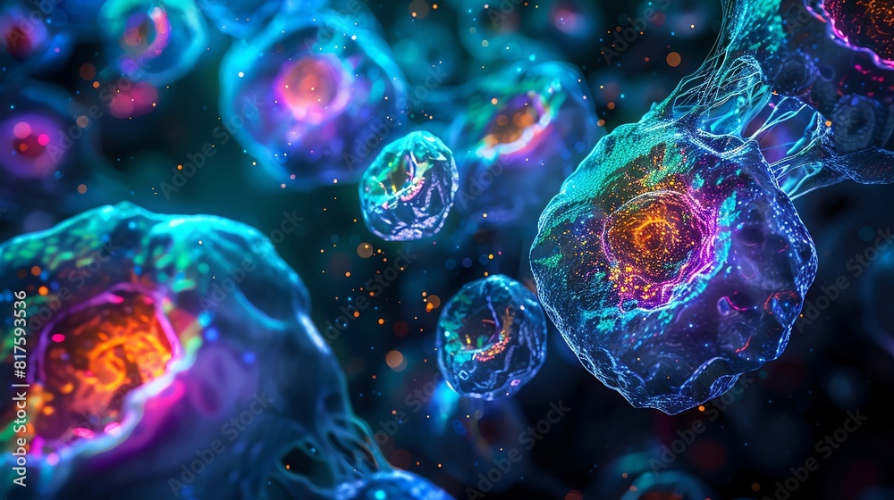 Fluorescent Stained CellsCreate a closeup image of cells under a ...