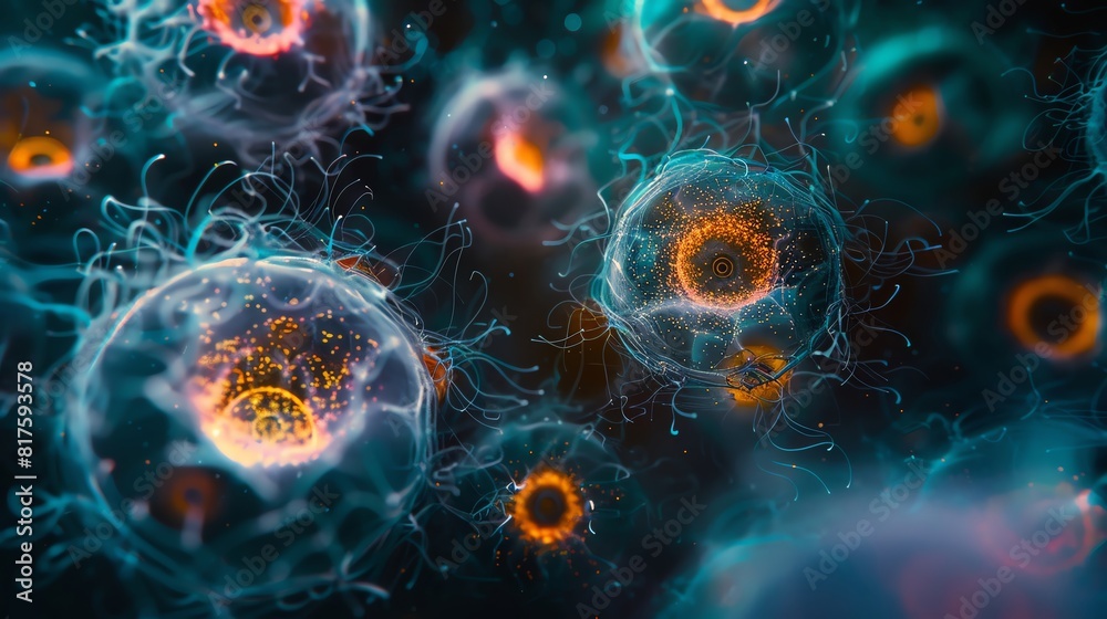 Fluorescent Stained CellsCreate a closeup image of cells under a ...