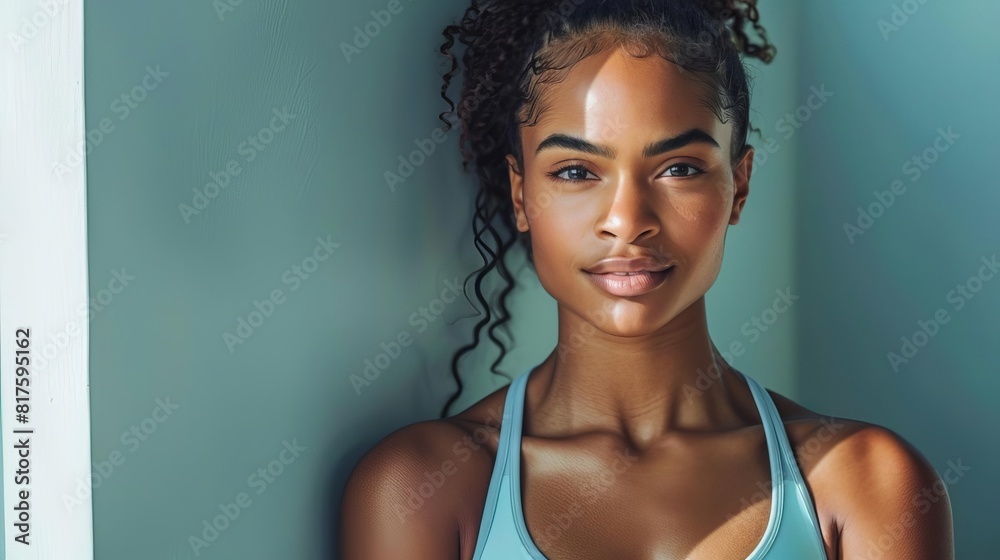 fit female model in her mid-20s wearing sleek, light blue workout ...