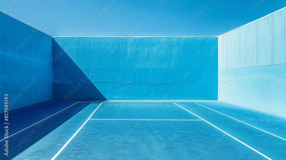 Detailed view of a blue tennis court with a light blue wall, focusing ...