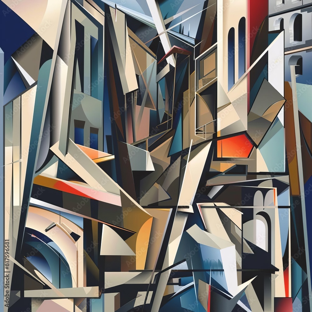 Illustrate the modernism of Cubism against an industrial cityscape ...
