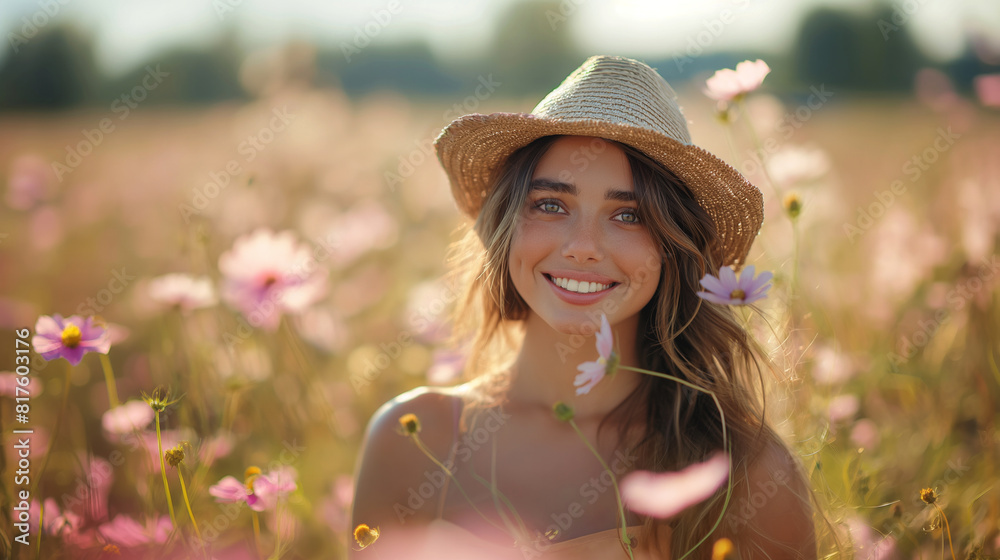 Beautiful smiling woman in a field with flowers. Nature, vacation ...