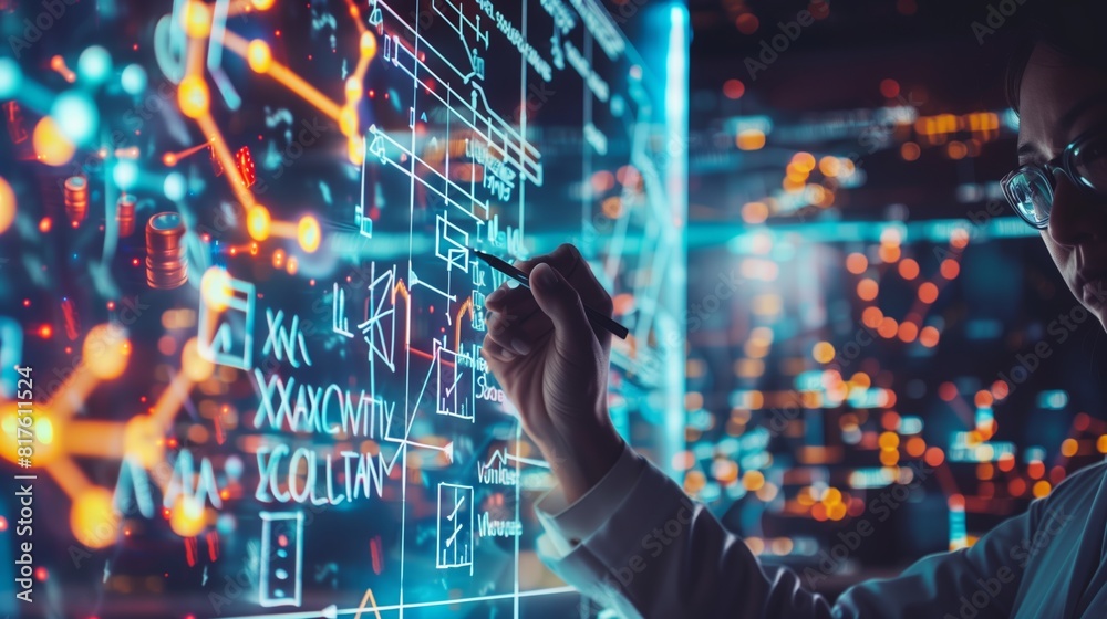 Scientists draw complex equations on a board in a lab, developing new ...
