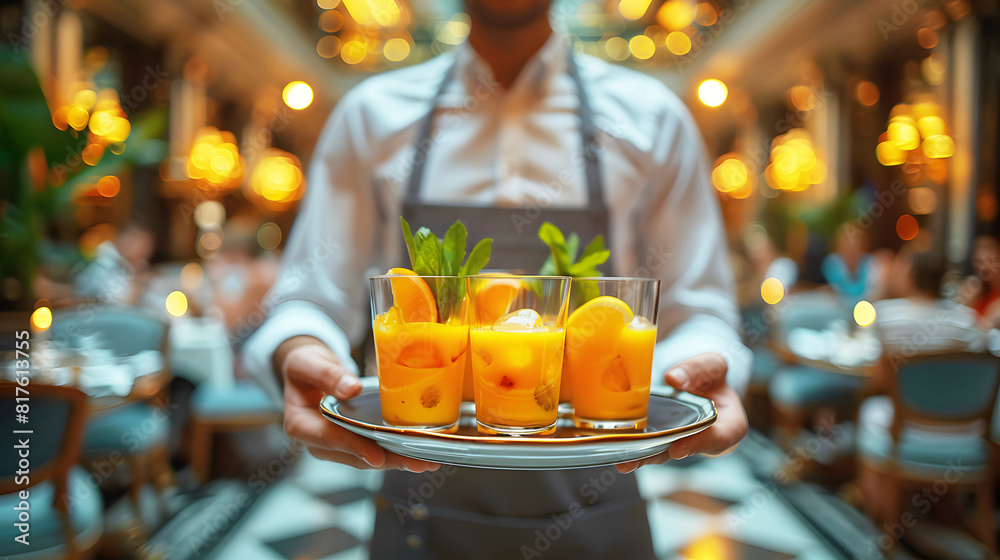 waiter hands stands ready to greet arriving guests with a tray of ...
