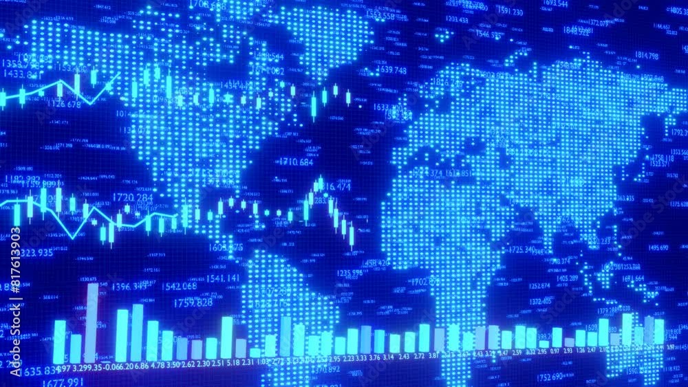 4K animation of a visualizing neon blue global equity and stock markets ...
