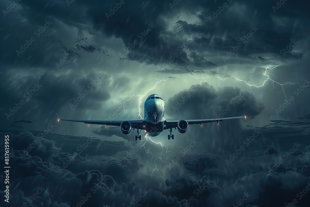 dramatic scene depicts an airplane flying through storm clouds with ...