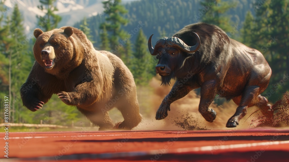 The image shows a large brown bear and a large bison running side by ...