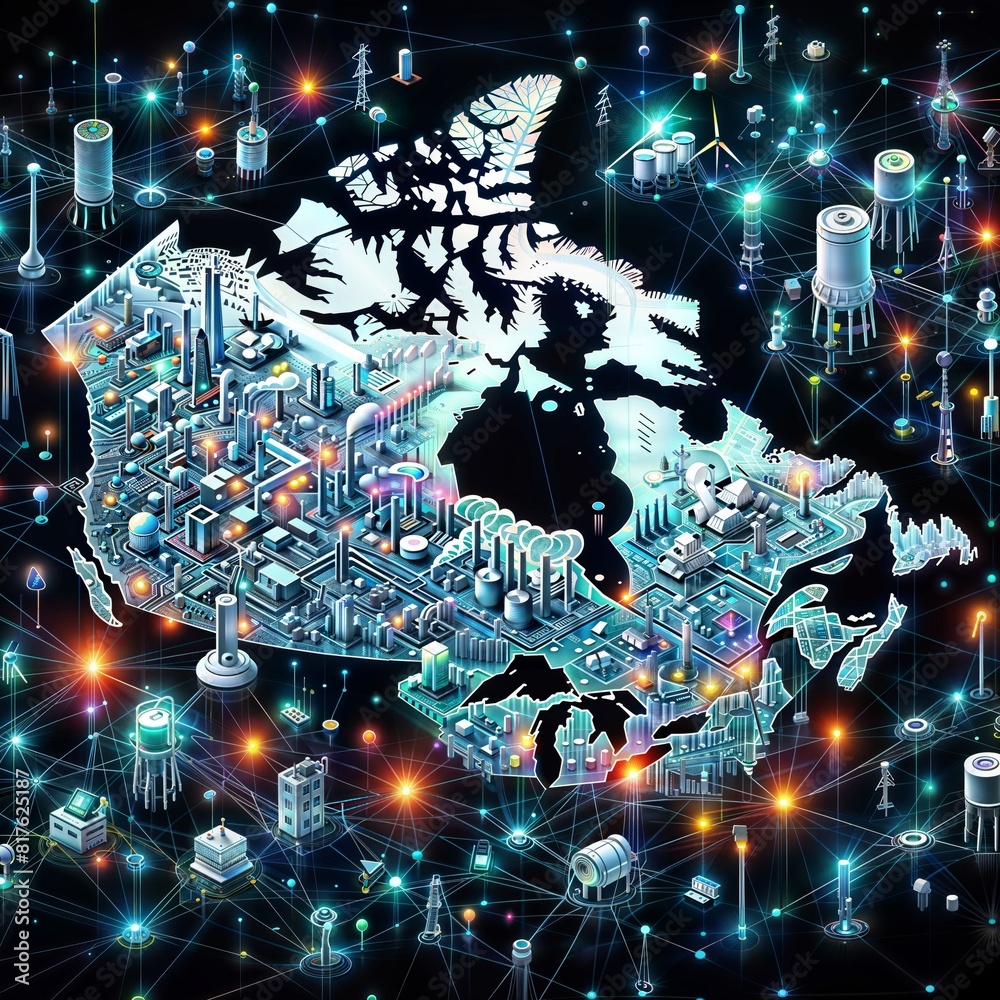 Digital map of Canada showcasing energy consumption centers (cities ...