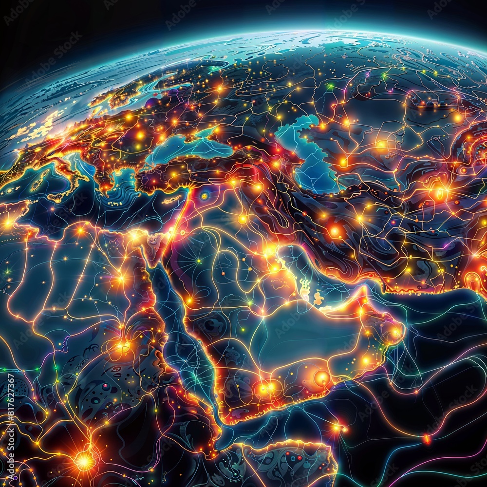 Detailed map of Western Asia, vividly depicting energy generation and ...