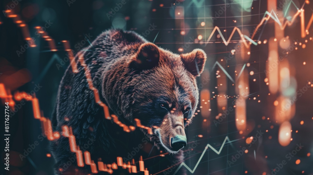 A bear is staring at a graph with a downward trend. The bear appears to ...